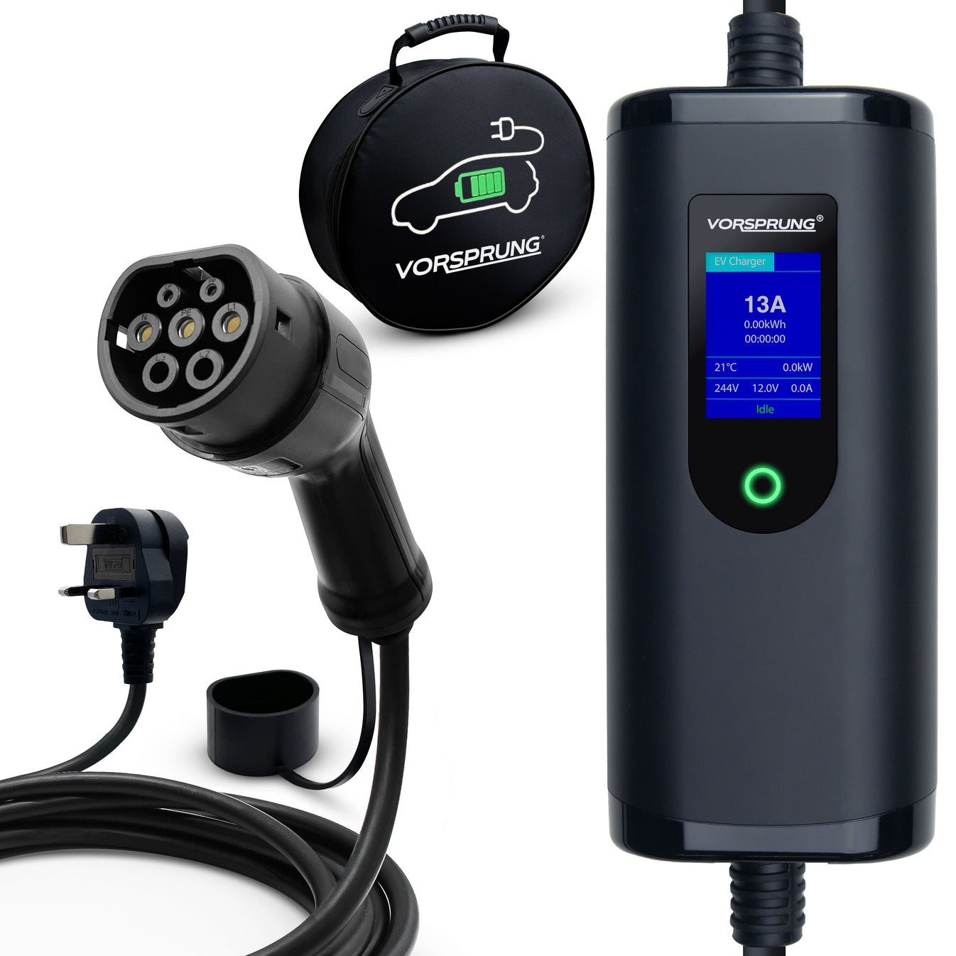6A to 13A Variable | Up to 3.3kw | Type 2 | 3 Pin Portable EV Charger ...