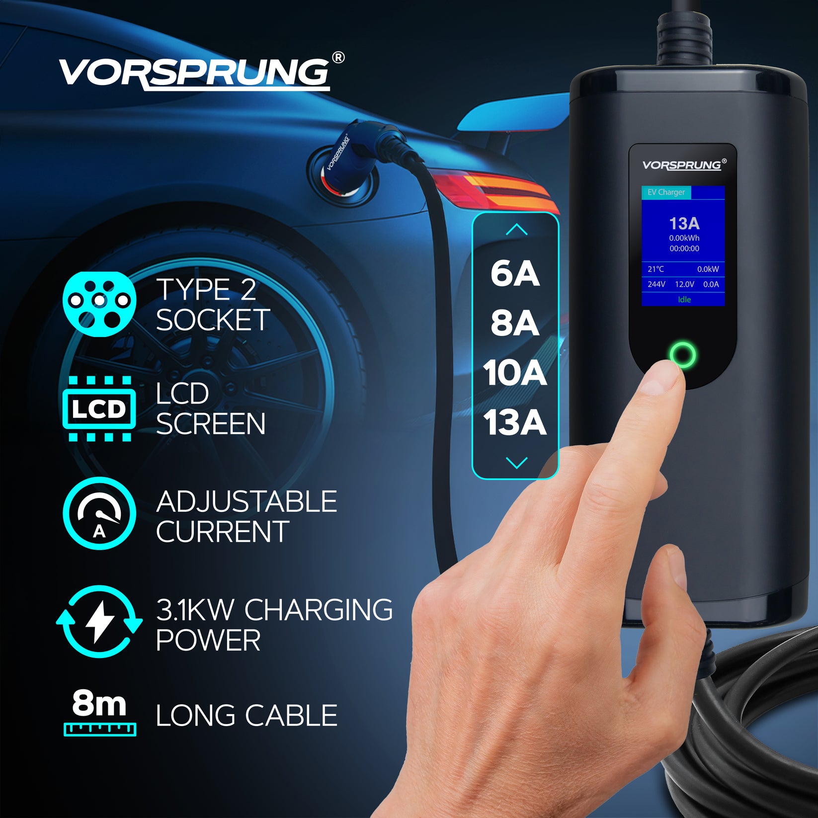 6A to 13A Variable | Up to 3.3kw | Type 2 | 3 Pin Portable EV Charger ...