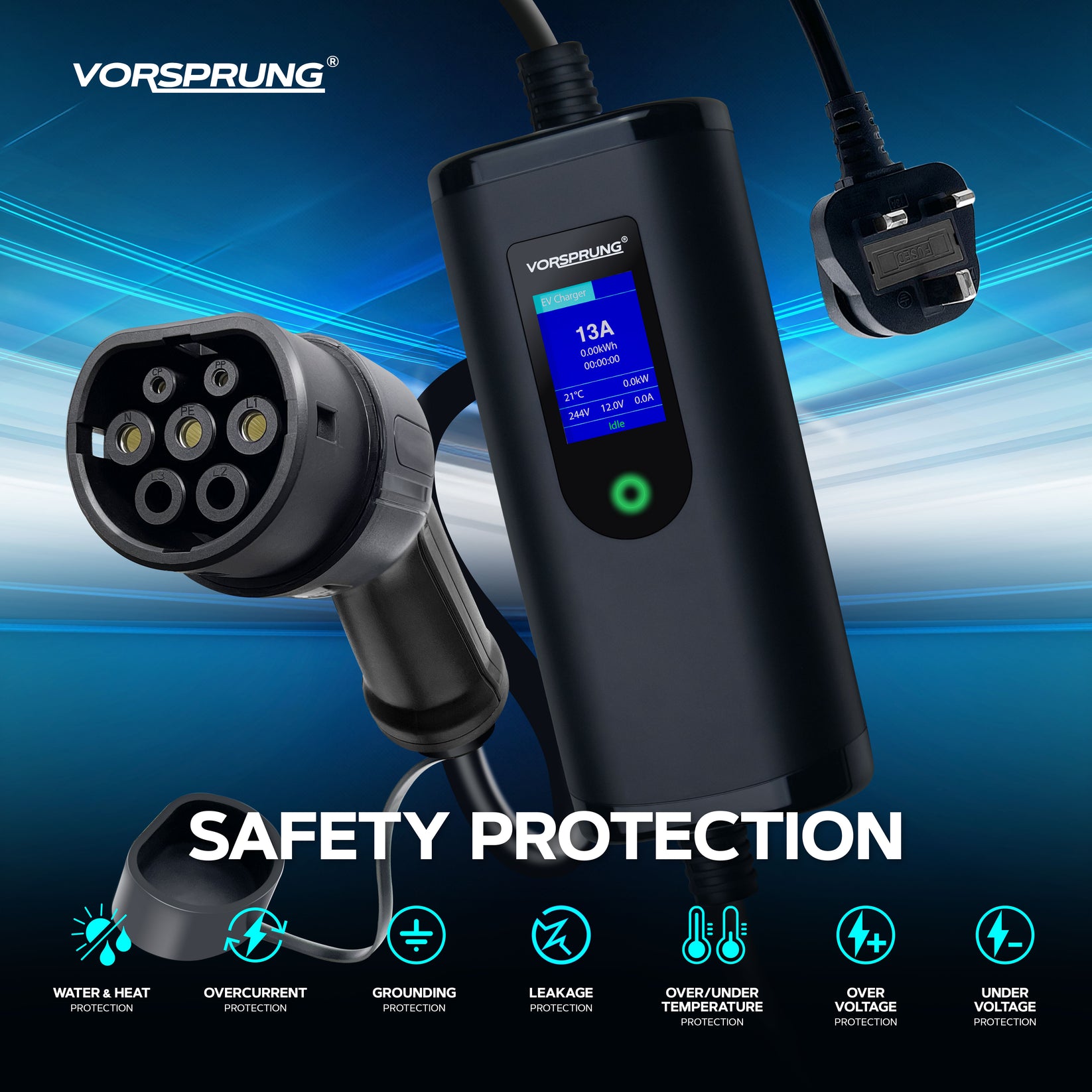 6A to 13A Variable | Up to 3.3kw | Type 2 | 3 Pin Portable EV Charger ...