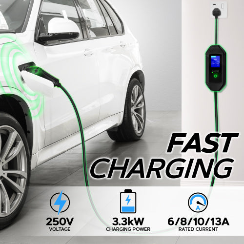 6A to 13A Variable | Up to 3.3kw | Type 2 | 3 Pin Portable EV Charger ...
